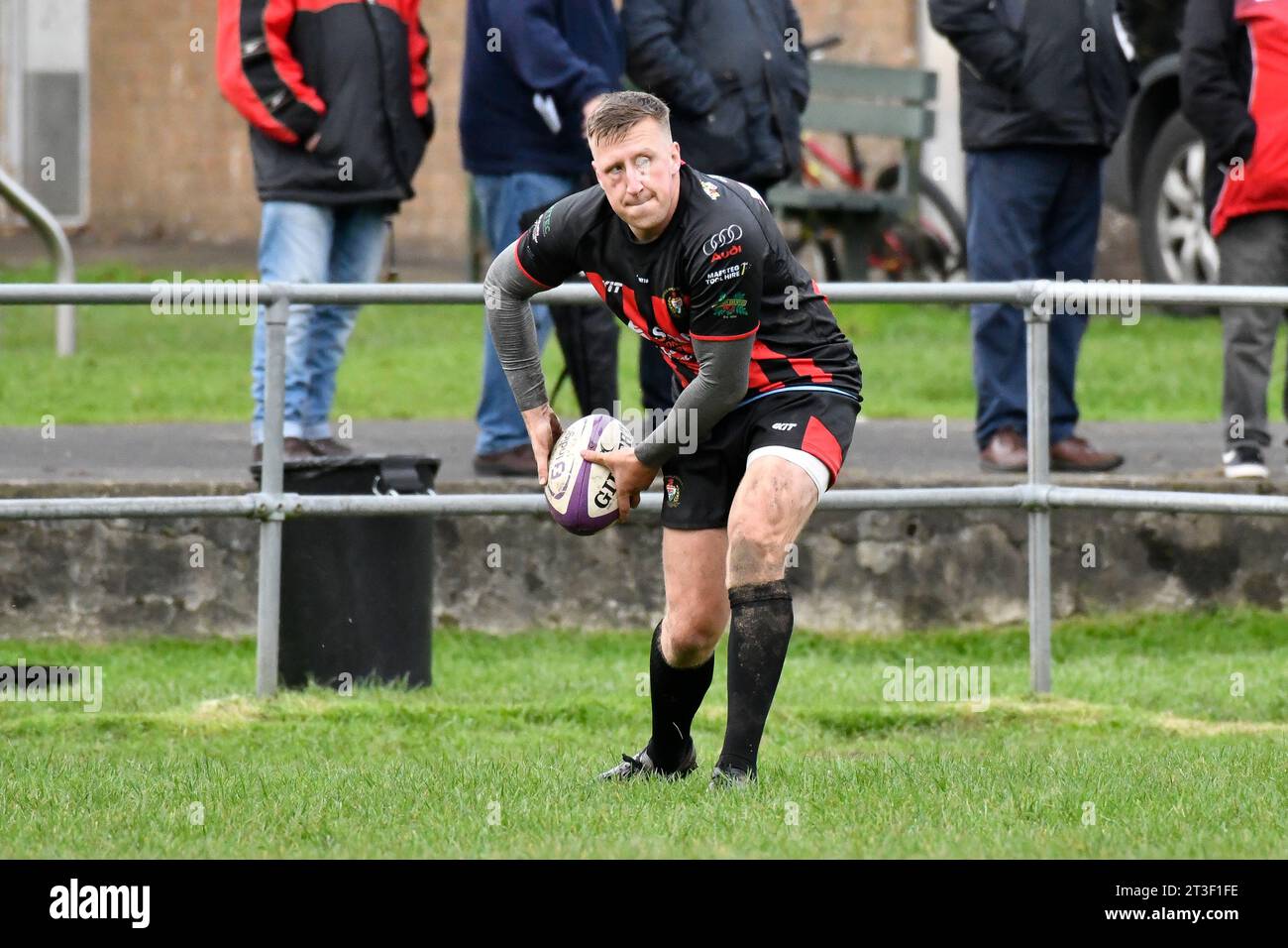 Trebanos, Wales. 21 October 2023. Owen Howe of Maesteg Quins makes a ...