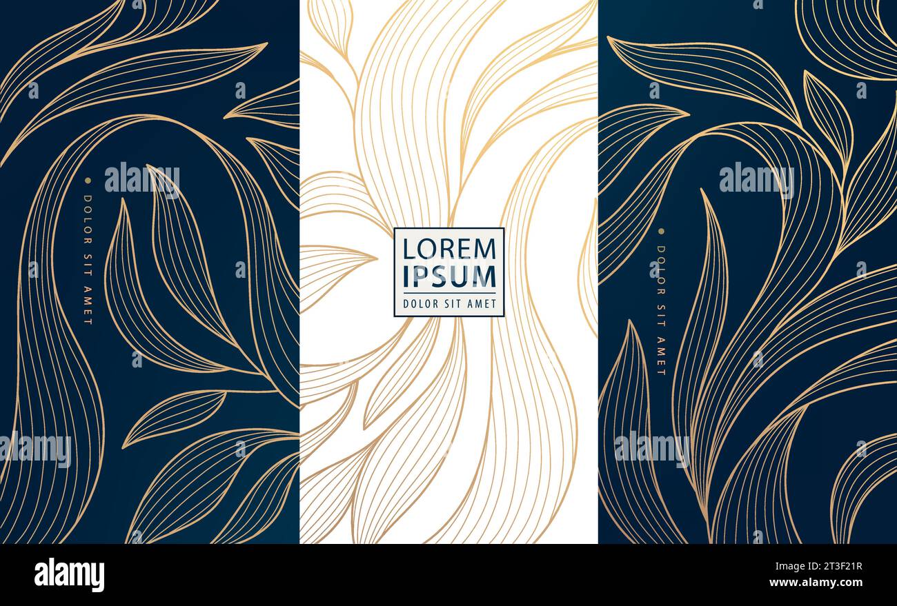 Vector floral line art, set of luxury line pattern, golden background ...