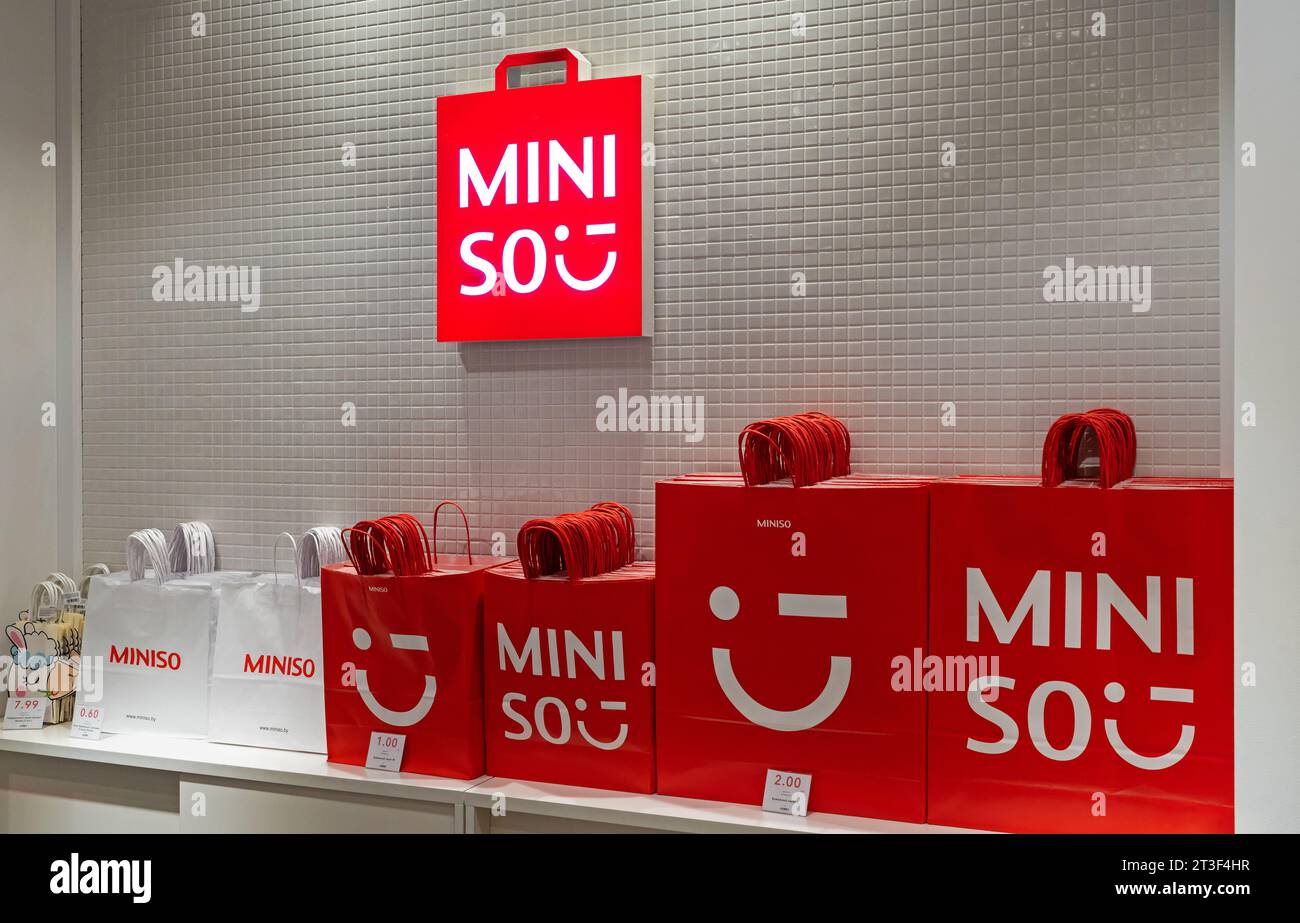 Sign of Miniso on the wall in the store interior. Minsk, Belarus ...