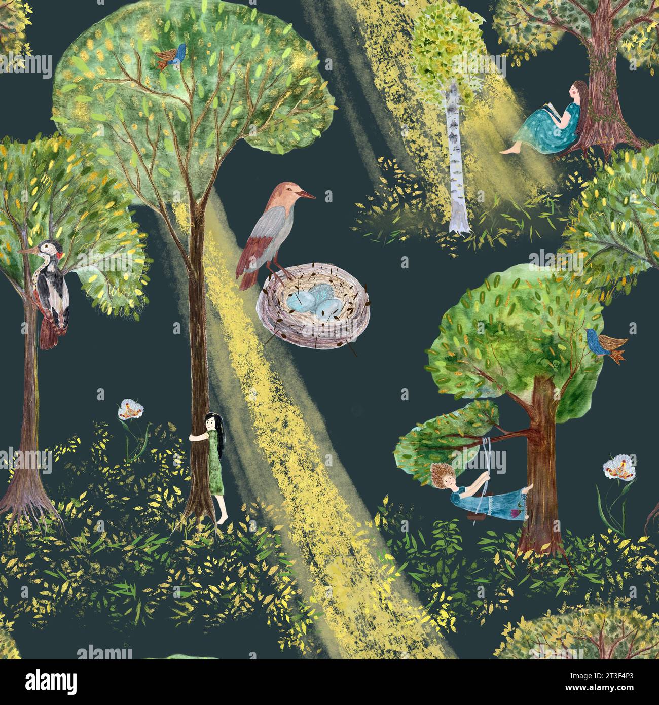 Hand-painted watercolor dreamy pattern on green Stock Photo - Alamy