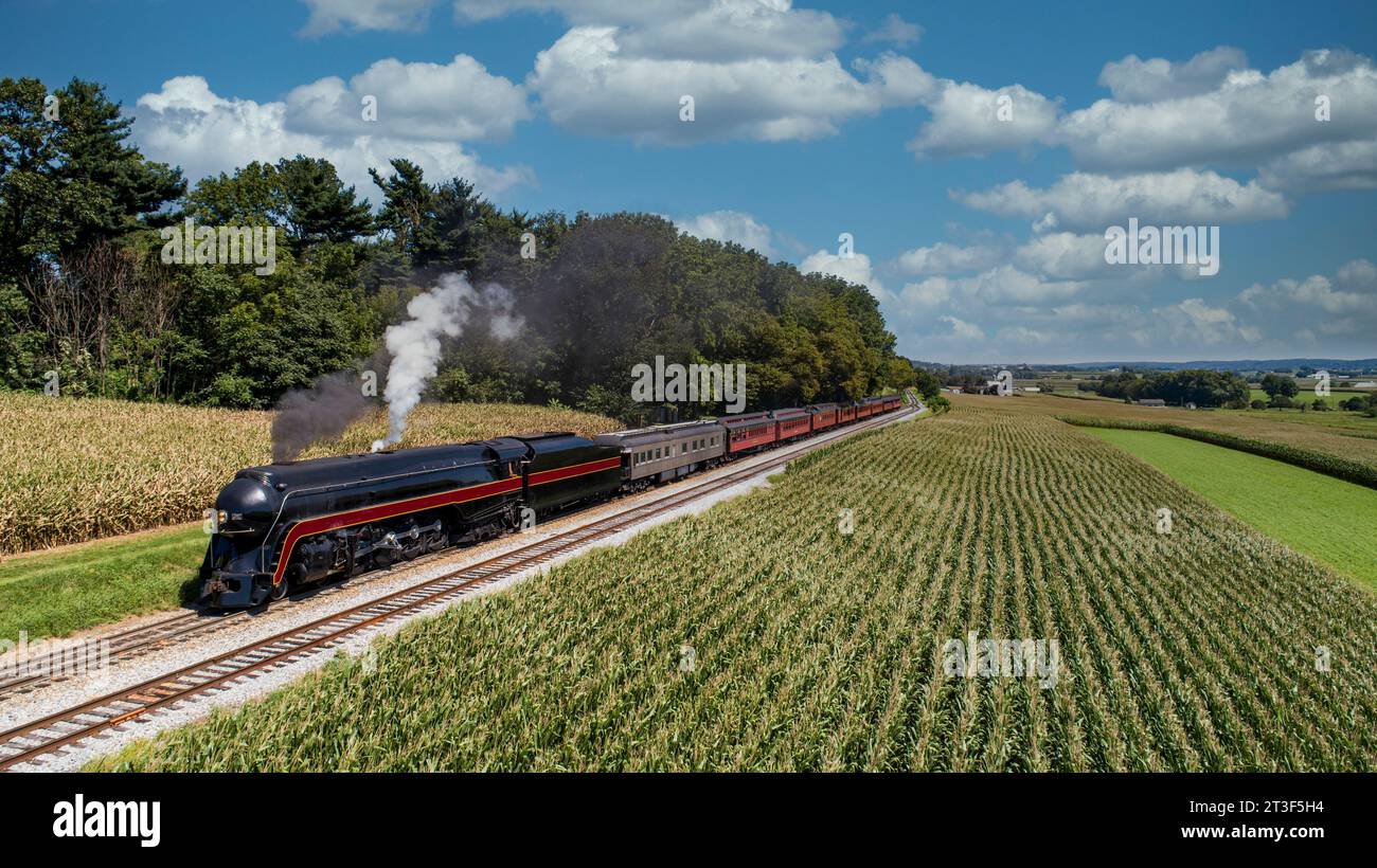 An Aerial Front View of a Restored Antique Steam Passenger Train ...