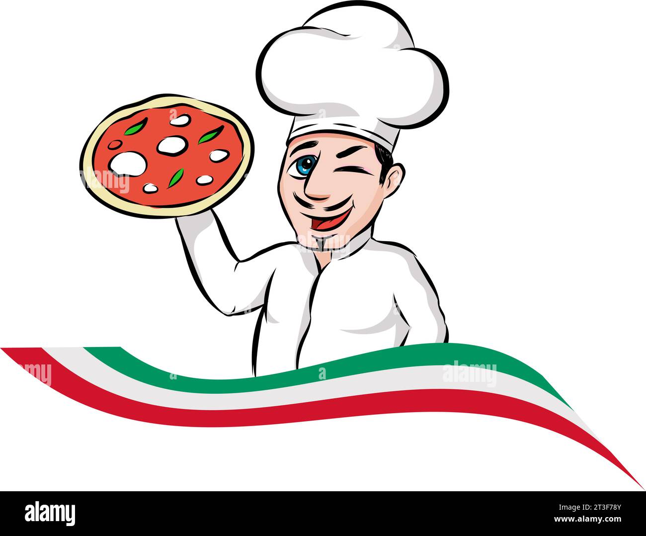 italian cartoon chef presenting a delicious baked pizza in front of a ...