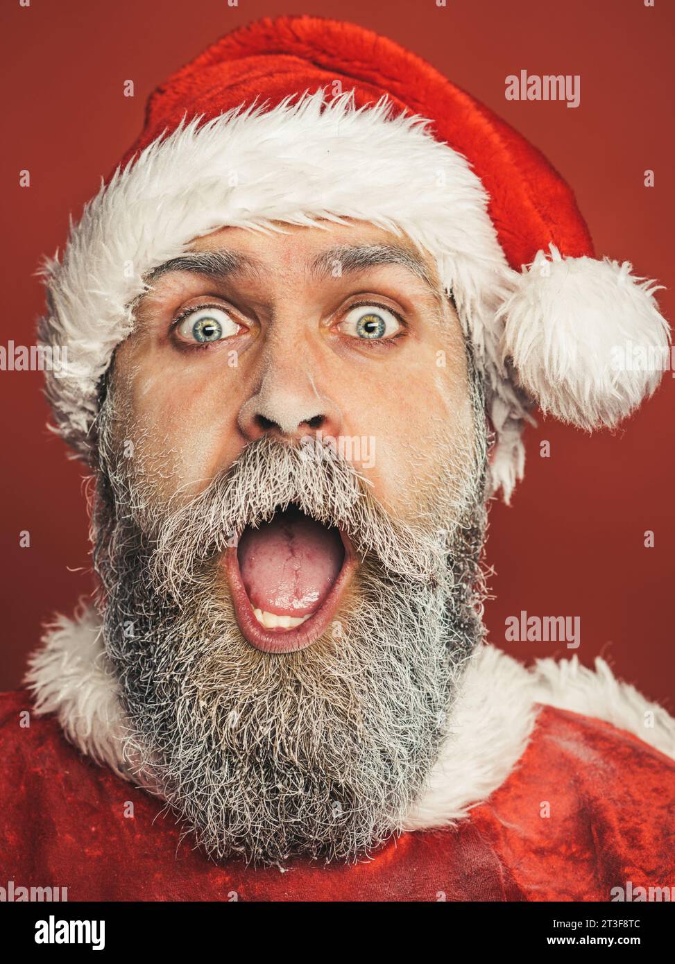 Merry Christmas. Happy New Year. Surprised Santa Claus with frozen ...