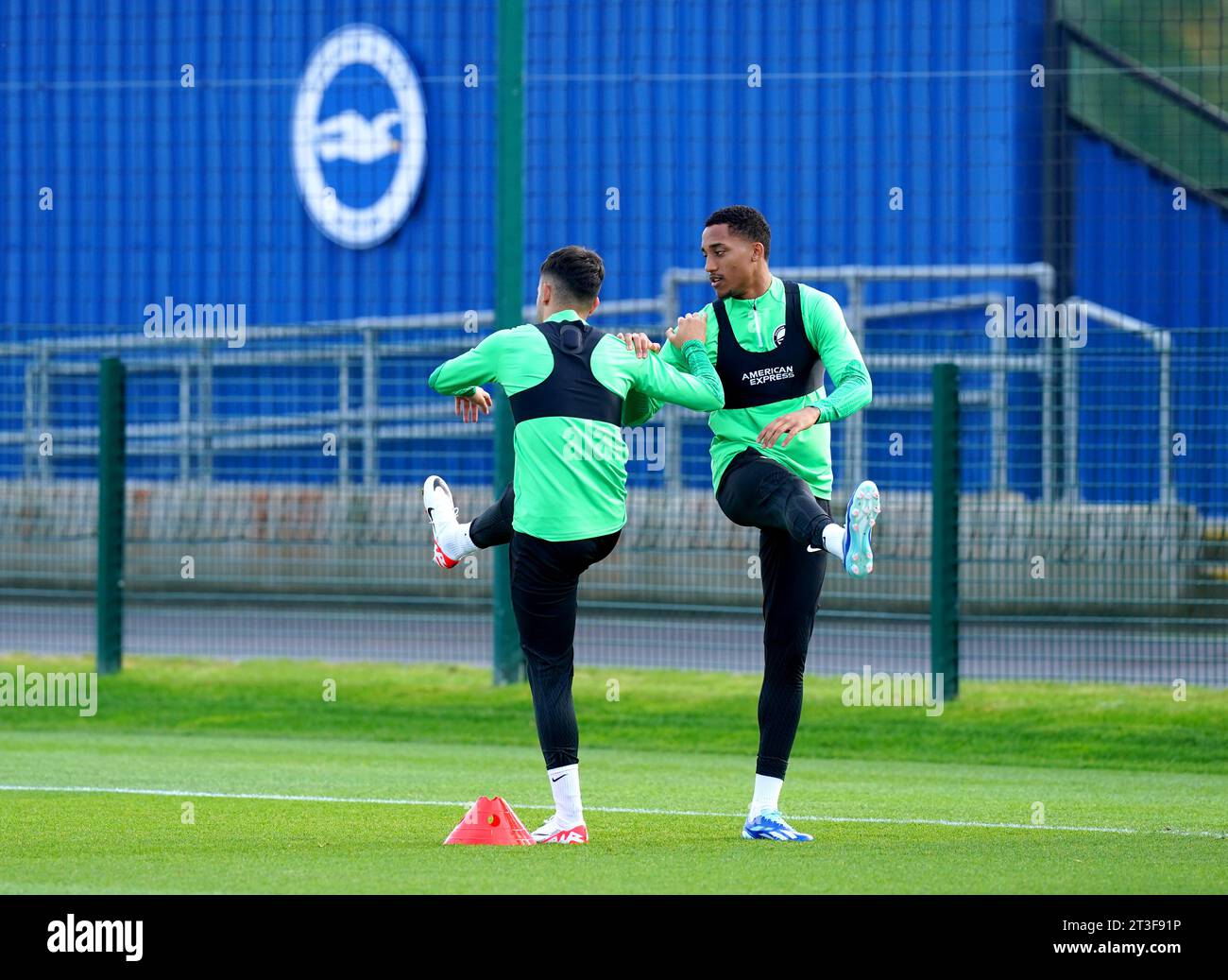 Brighton and Hove Albion's Joao Pedro (right) during a training session ...