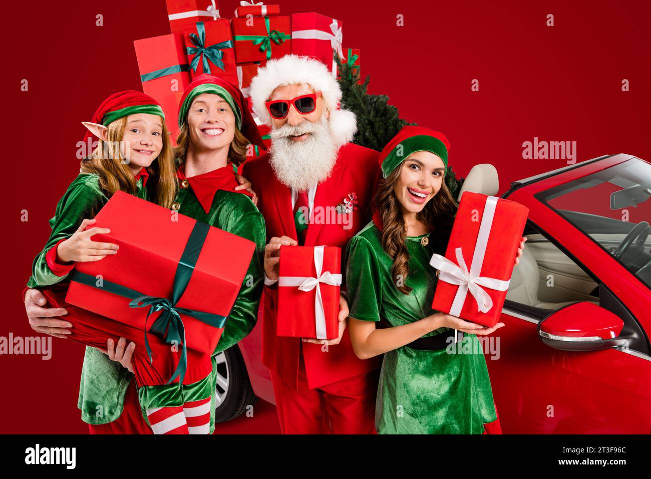 Funny four people costume theme x-mas party preparation concept hold ...