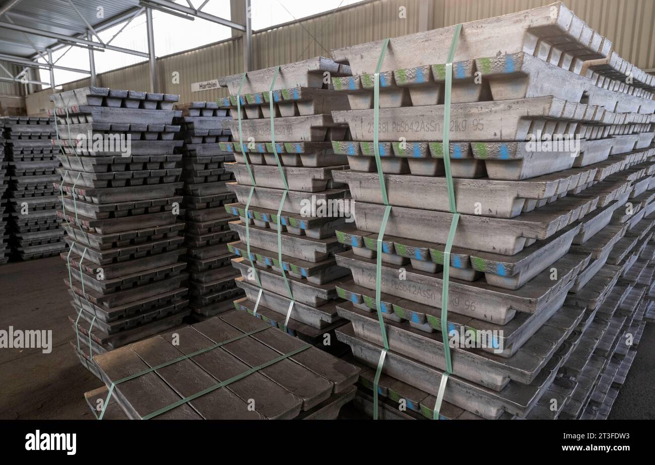 Freiberg, Germany. 25th Oct, 2023. Lead ingots lie in a warehouse of ...