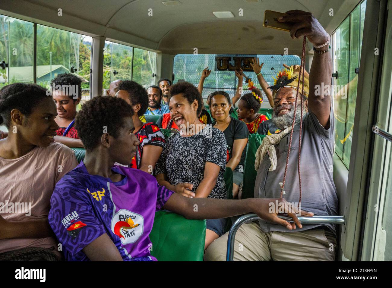 Papua New Guinea, Morobe Province, Lae, Chief Mundiya Kepanga in a PMV ...