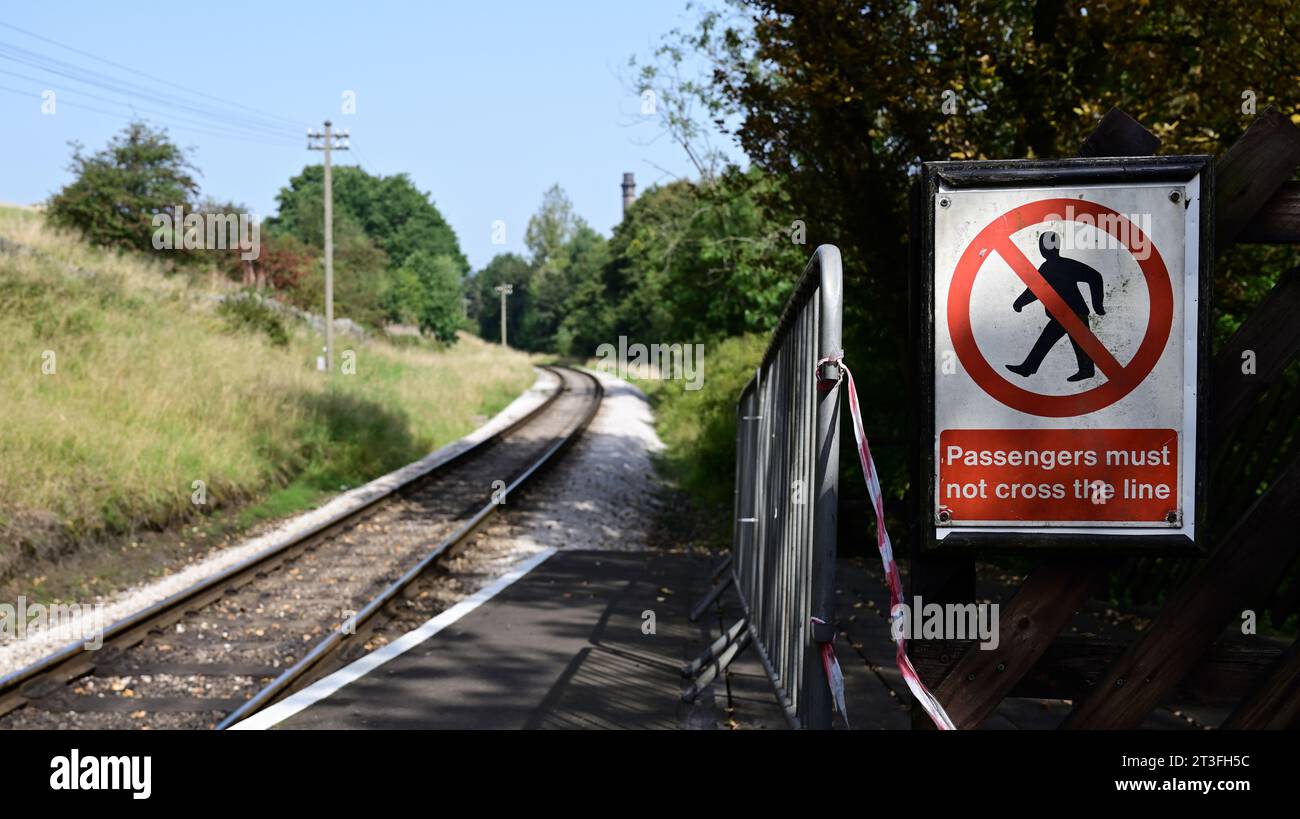 Warning sign at the end of the platform at Haworth station on the ...