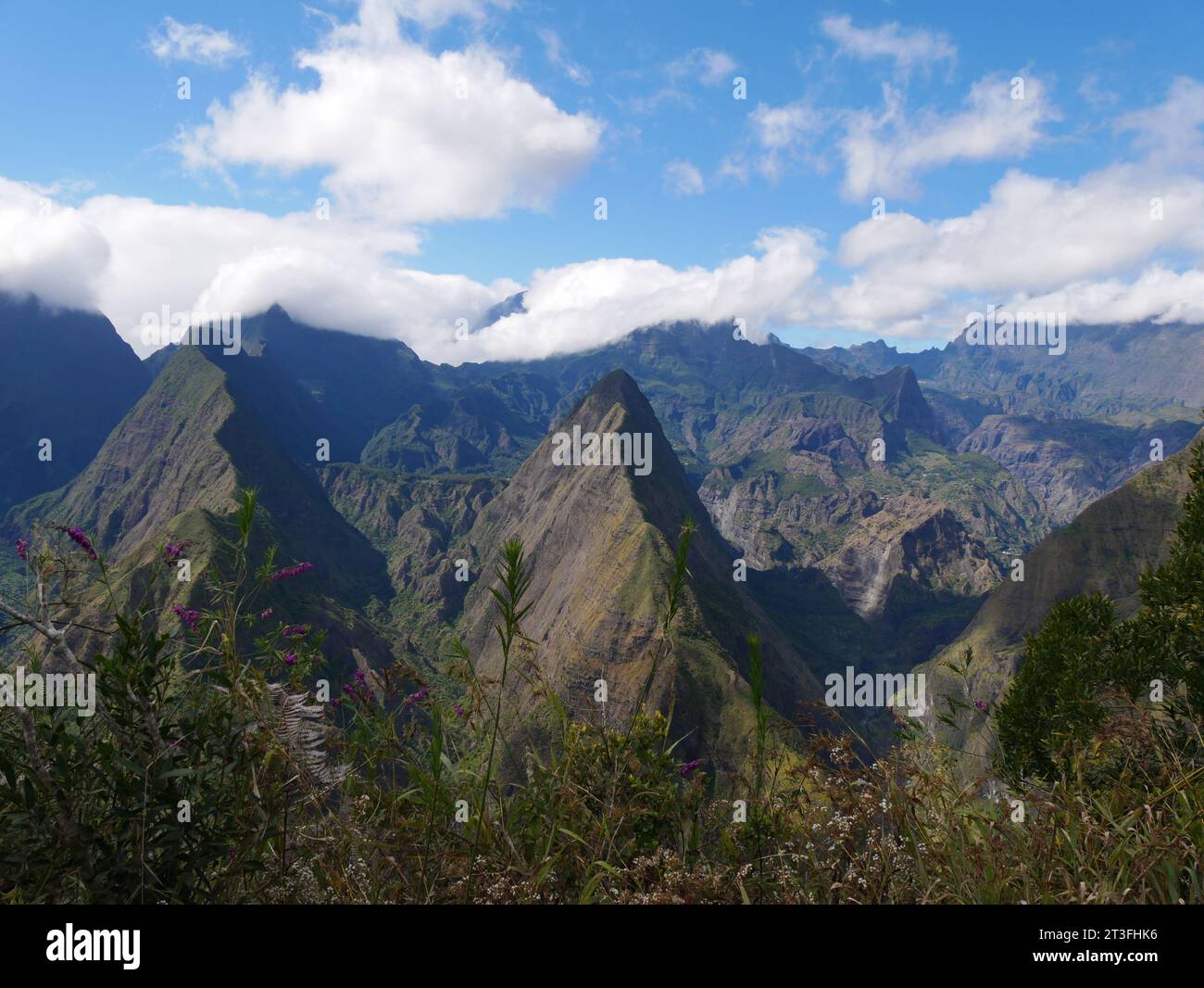 Iconic landscape in the Reunion island, Mafate cirque viewpoint in Dos ...