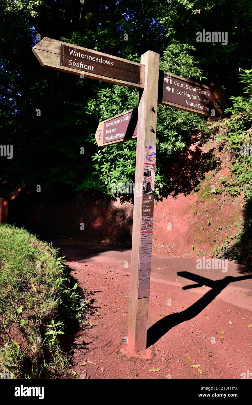 A footpath sign in Cockington Country Park, Torquay, South Devon Stock ...