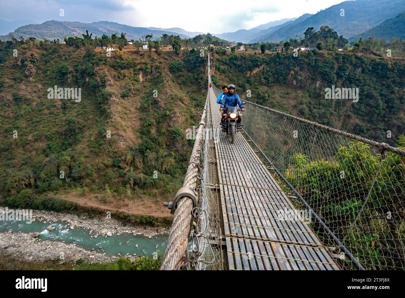 Nepal, Gandaki province, Kushma, suspension bridge over the Gandaki ...