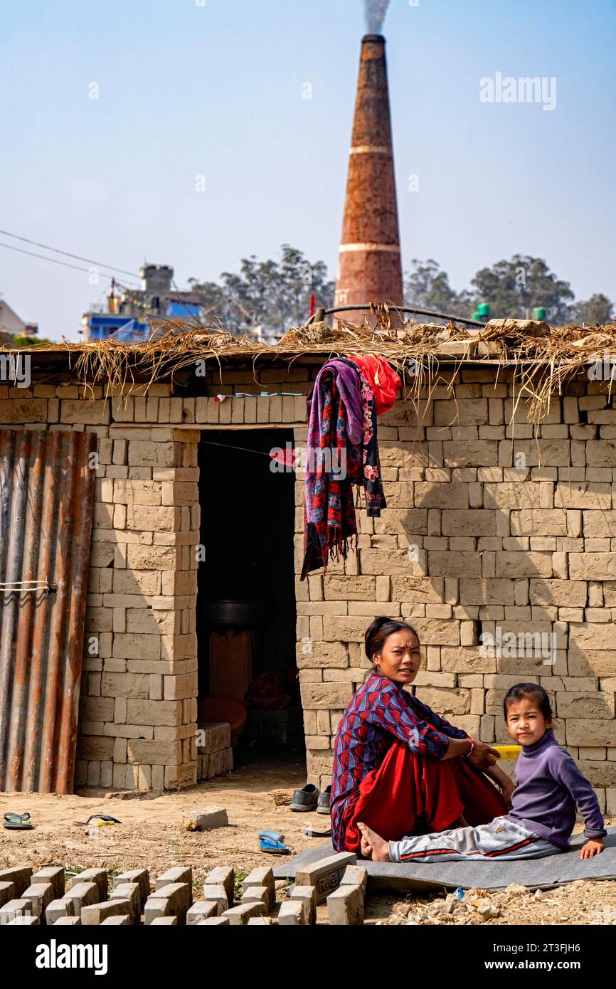 Nepal, Kathmandu Valley, brickworks near Bhaktapur, housing for workers ...