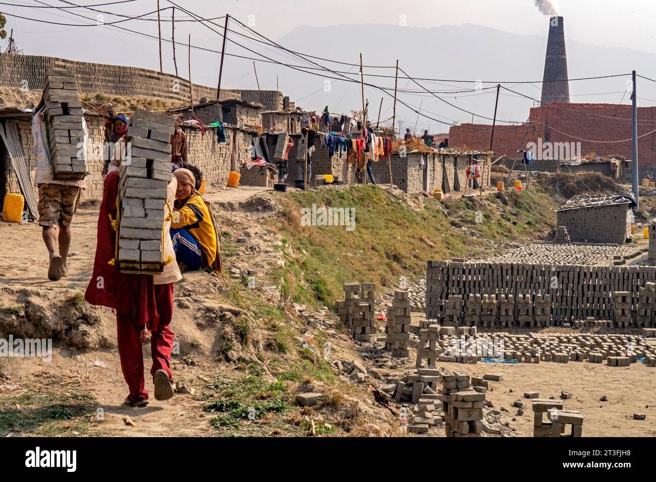 Nepal, Kathmandu Valley, brickworks near Bhaktapur, housing for workers ...