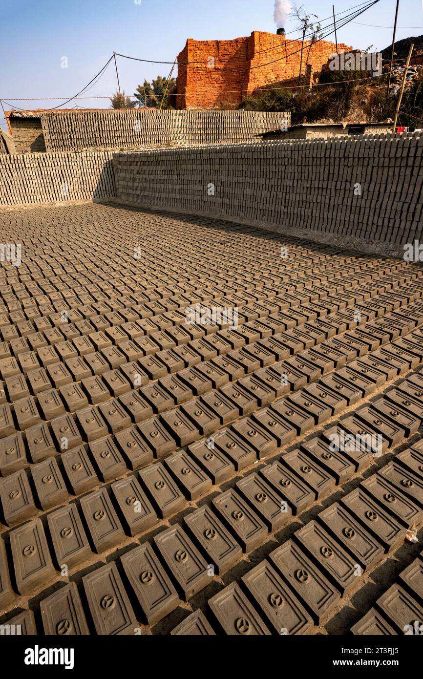 Nepal, Kathmandu Valley, brickworks near Bhaktapur, drying of bricks ...