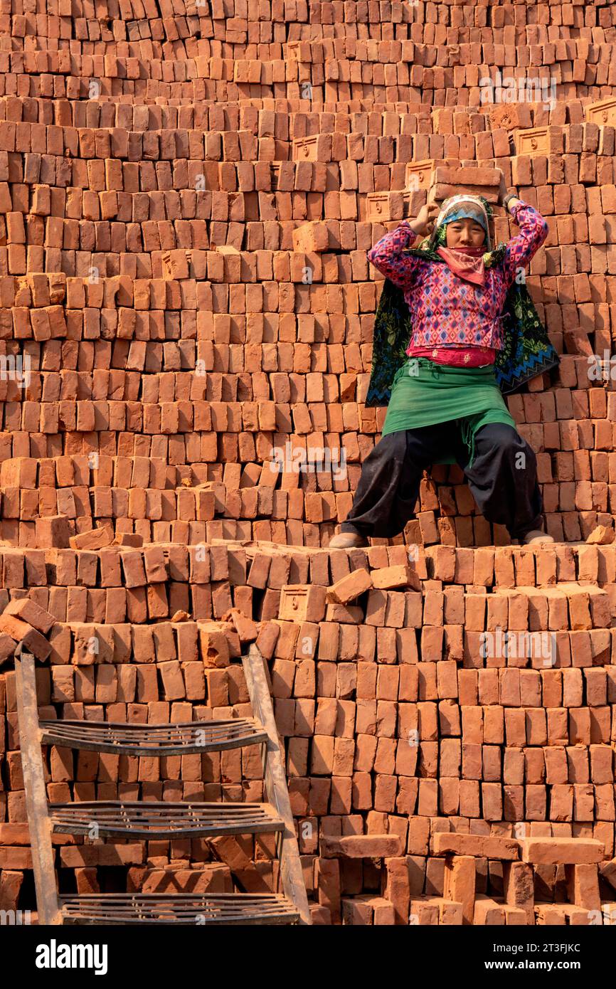 Nepal, Kathmandu Valley, brickworks near Bhaktapur, baked bricks Stock ...