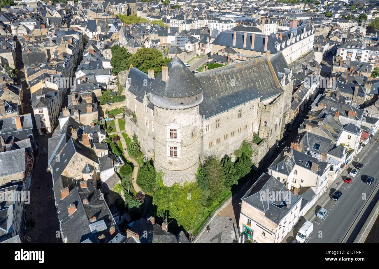 France, Mayenne, Laval, the medieval Old Castle (aerial view Stock ...