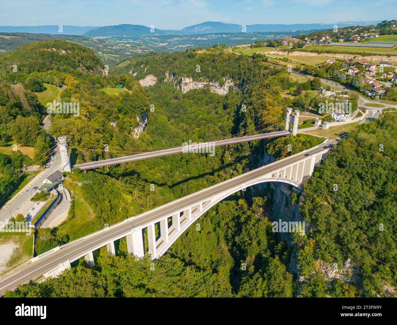 France, Haute Savoie, La Caille suspension bridge (aerial view Stock ...