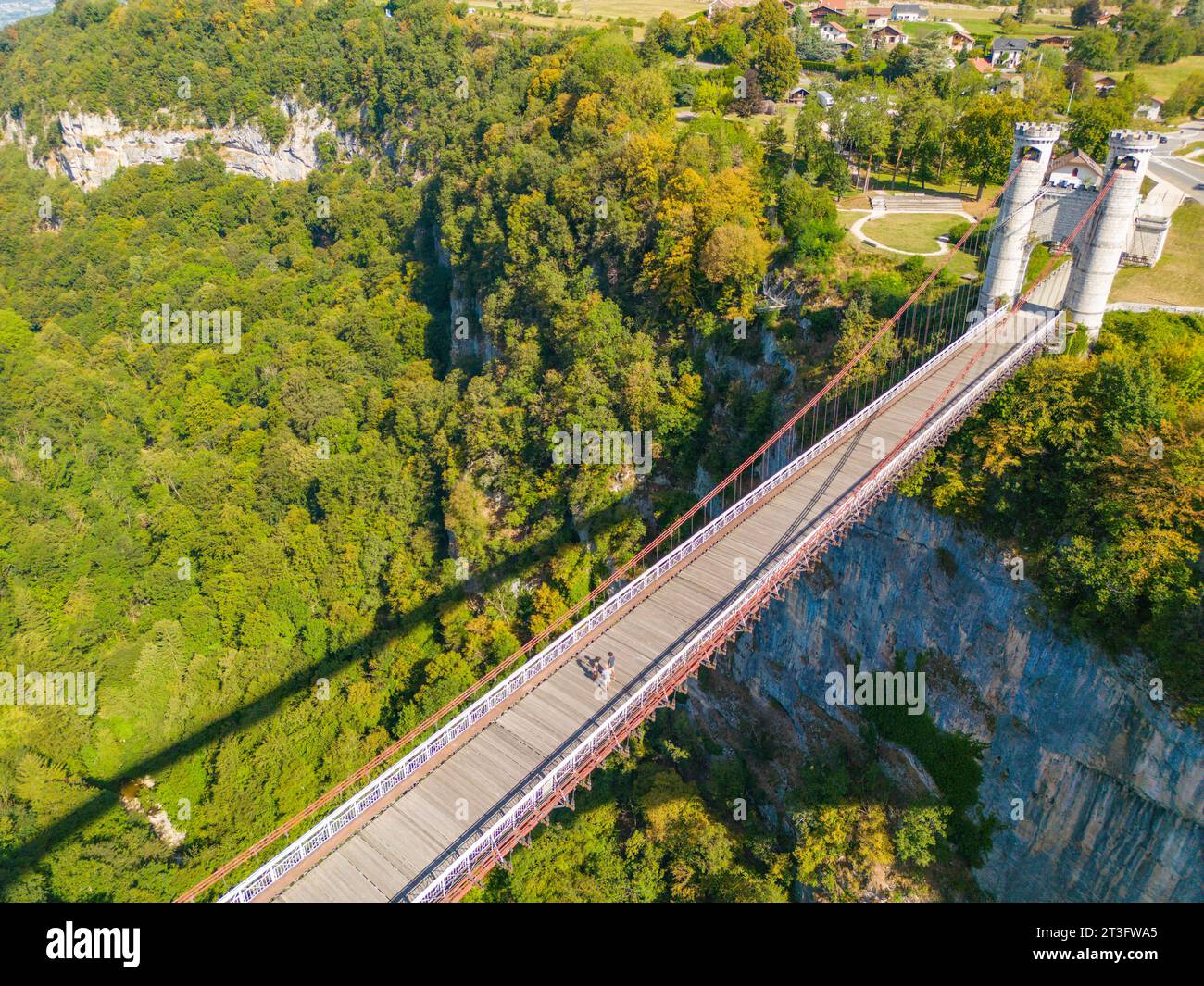 France, Haute Savoie, La Caille suspension bridge (aerial view Stock ...