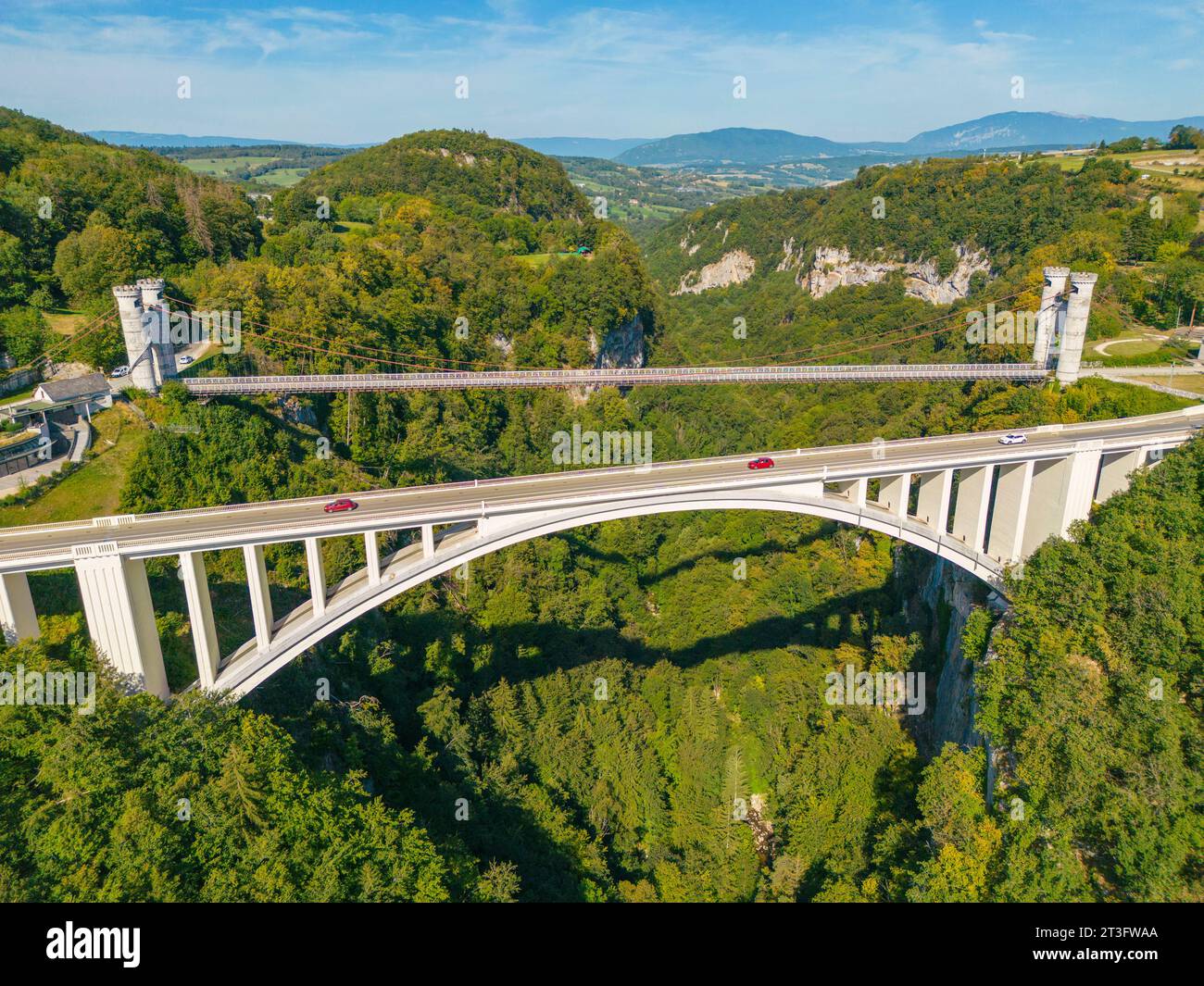 France, Haute Savoie, La Caille suspension bridge (aerial view Stock ...
