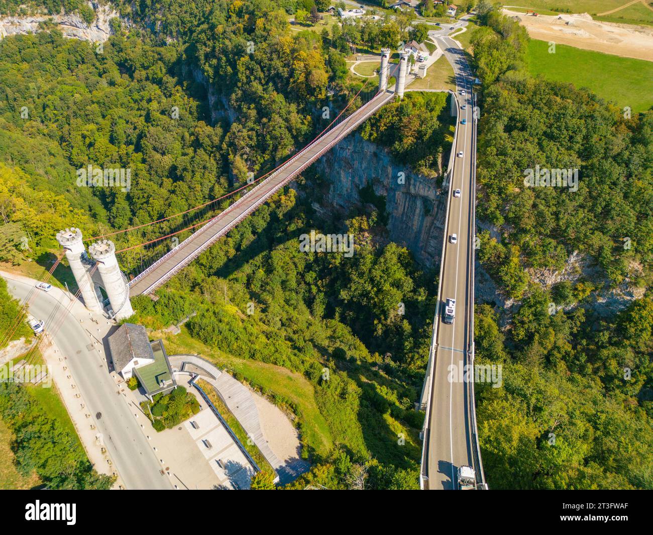 France, Haute Savoie, La Caille suspension bridge (aerial view Stock ...