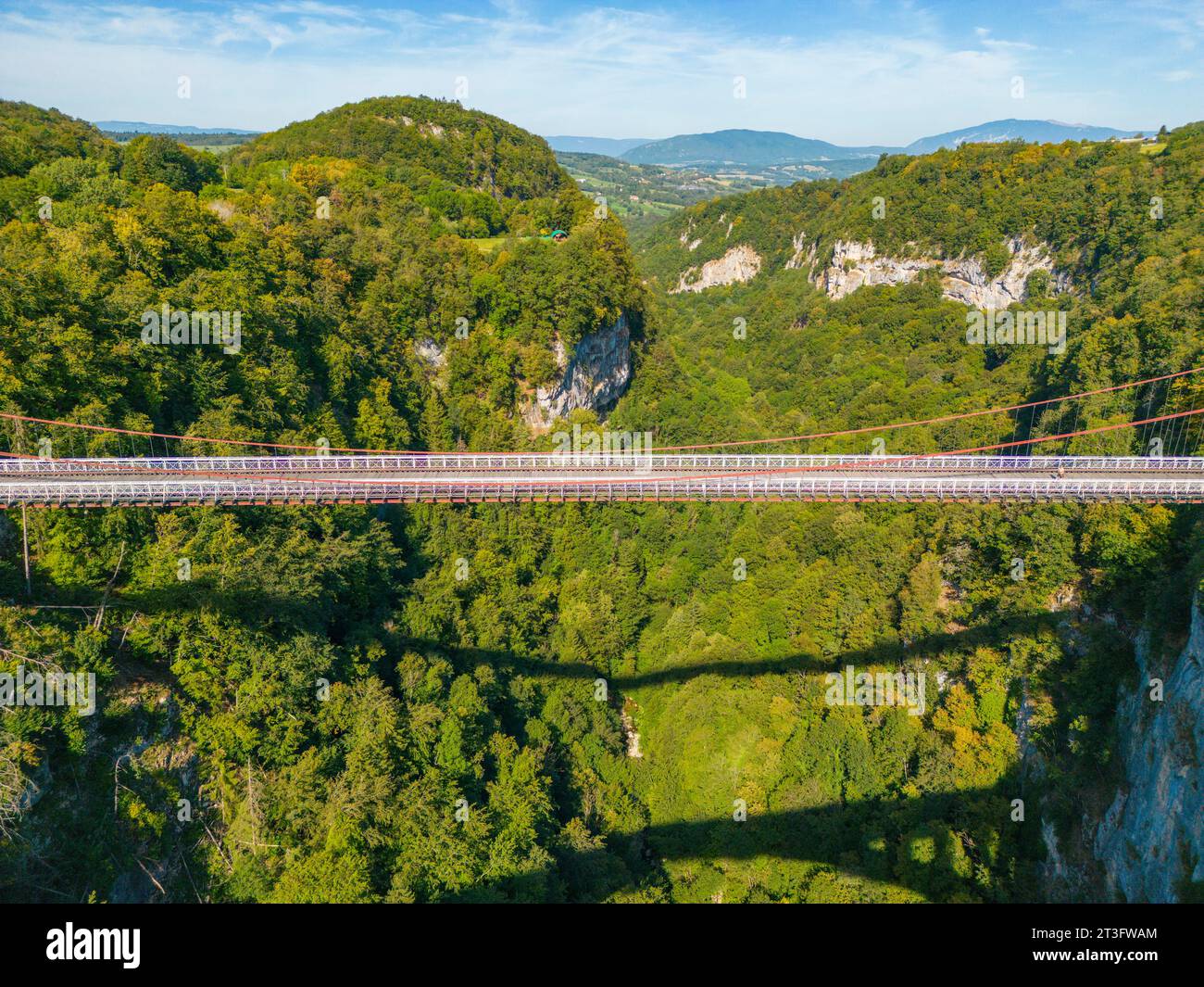 France, Haute Savoie, La Caille suspension bridge (aerial view Stock ...