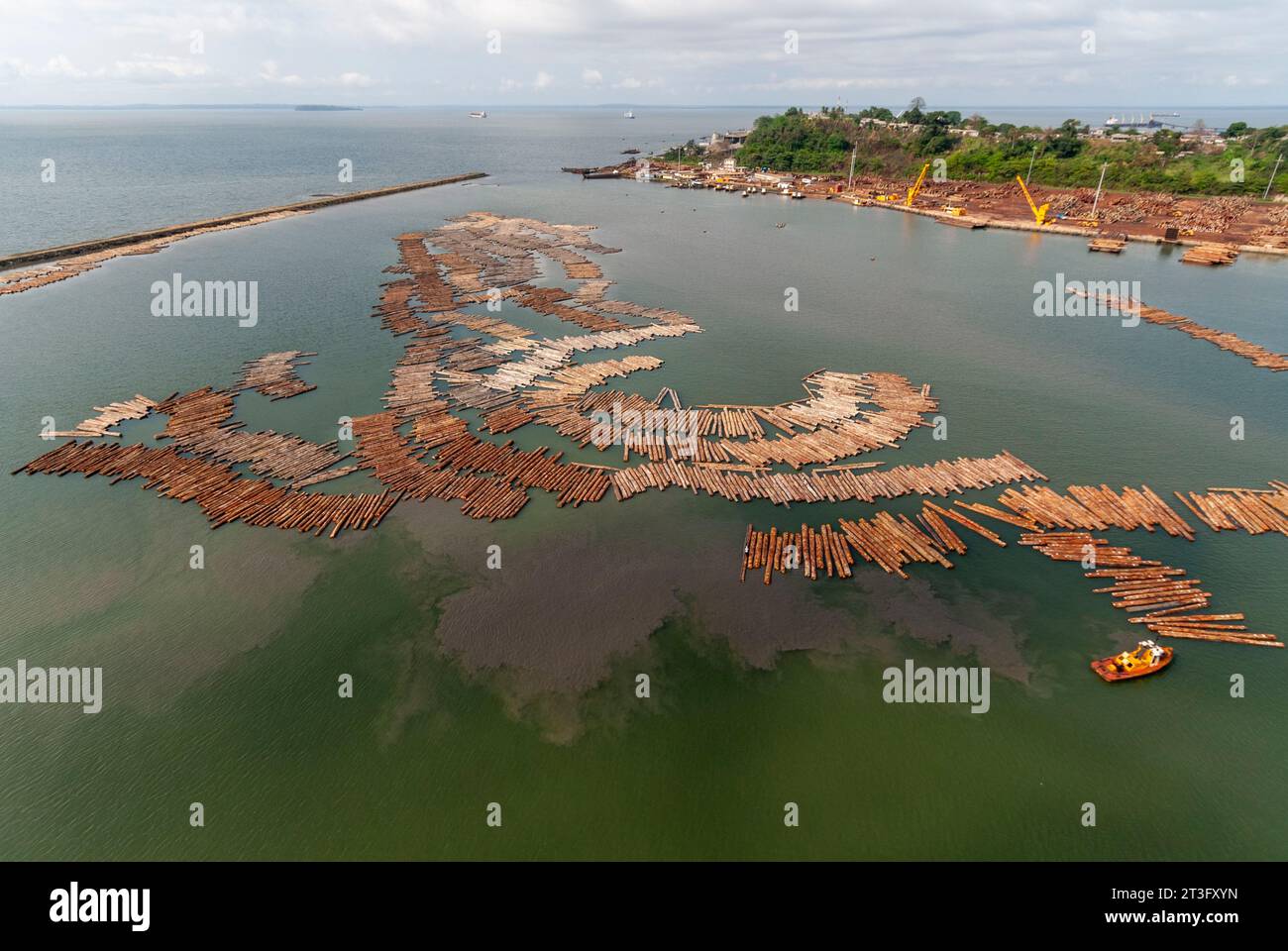 Gabon, Libreville, estuaire District, wood industry, wood floating ...