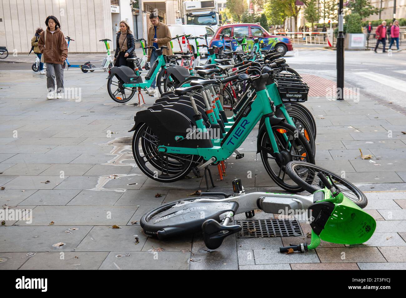 London, UK. 24th October, 2023. Tier e-bikes for hire on a street near ...