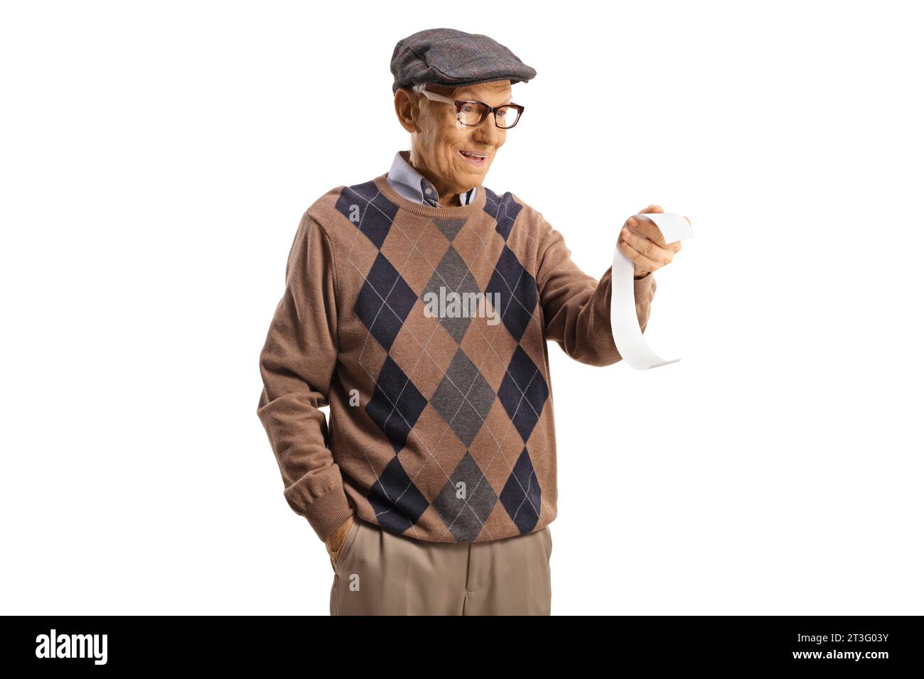 Elderly man looking at a bill isolated on white background Stock Photo ...