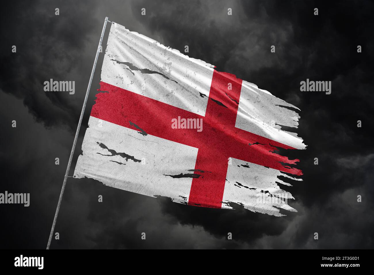 England torn flag on dark sky background Stock Photo - Alamy