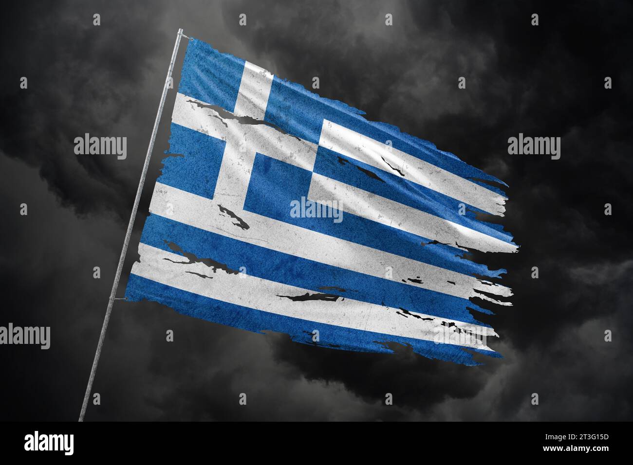 Greece torn flag on dark sky background Stock Photo - Alamy