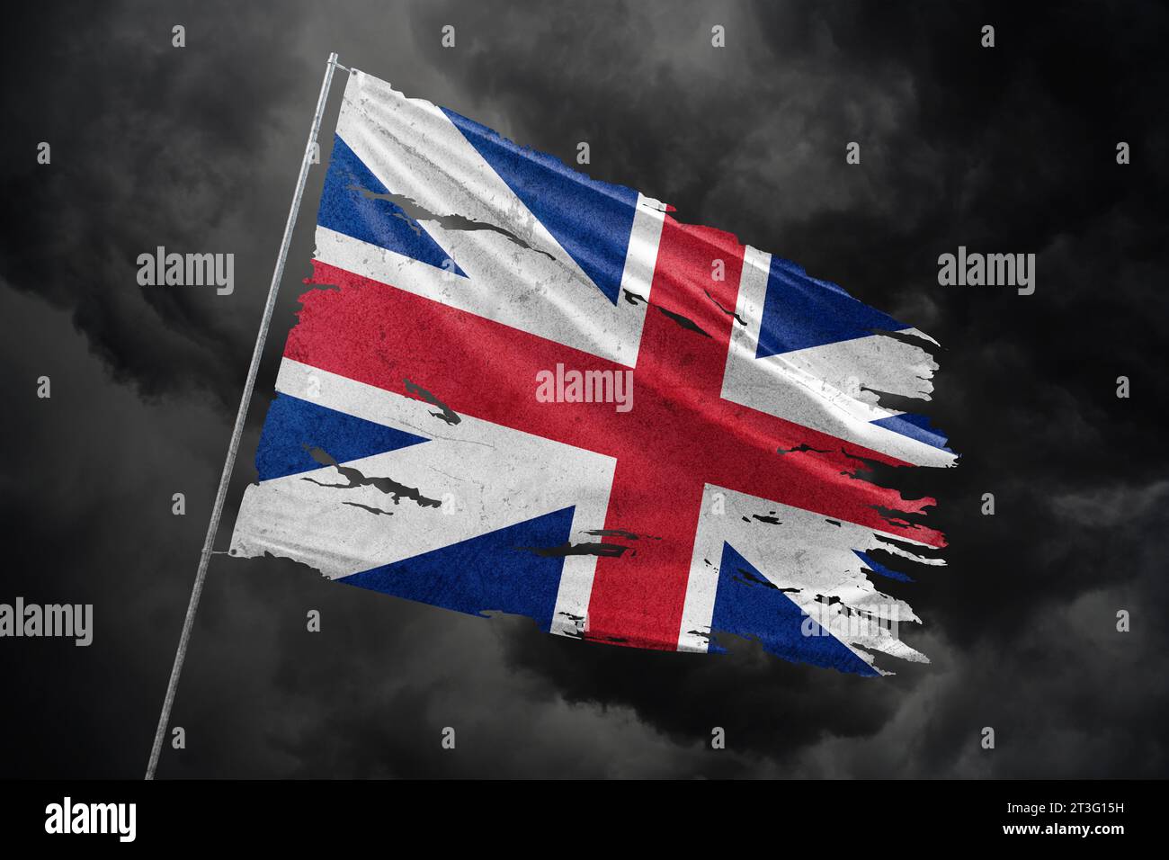 Great Britain torn flag on dark sky background Stock Photo - Alamy