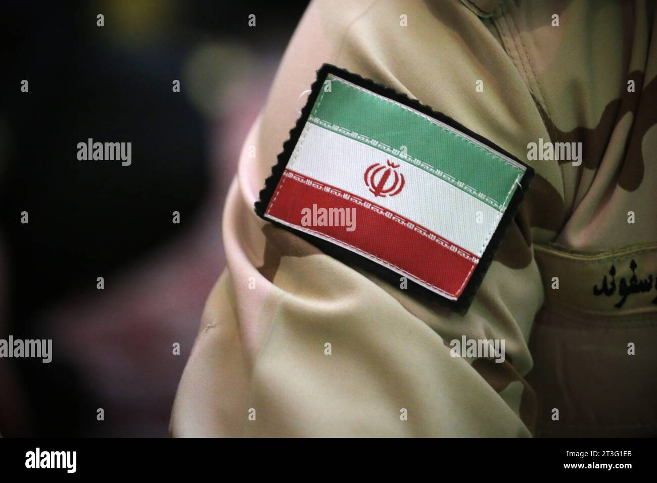 Tehran, Iran. 25th Oct, 2023. An Iranian flag on an Iranian Army member ...