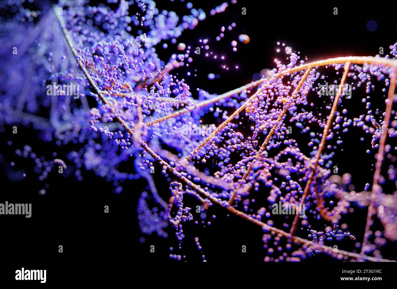 Chromosome spiral strand of DNA helix with blue neon light particles.3D ...