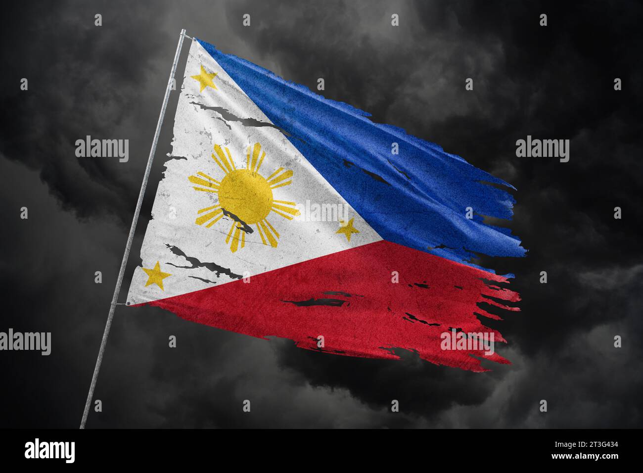 Philippines torn flag on dark sky background Stock Photo - Alamy