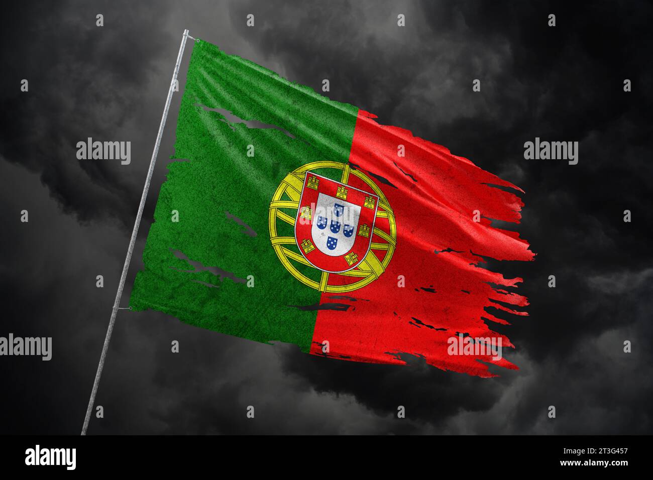 Portugal torn flag on dark sky background Stock Photo - Alamy