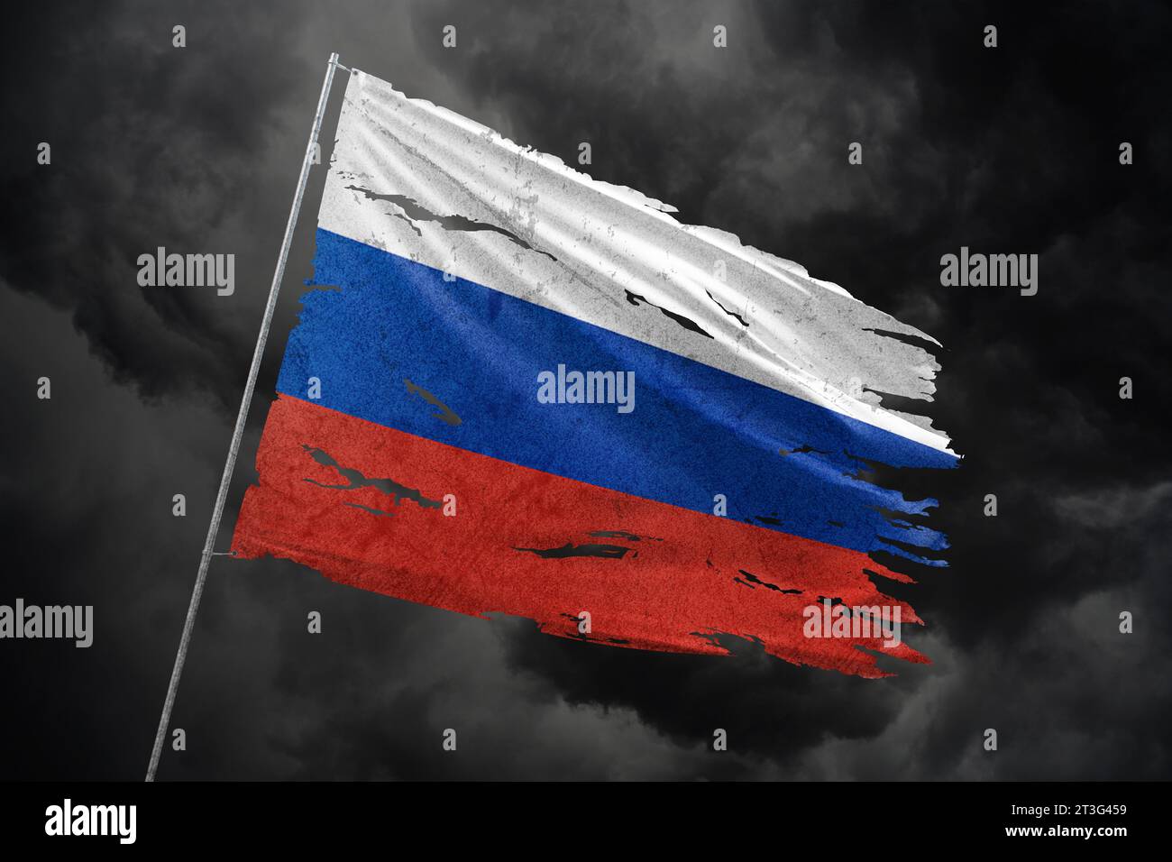 Russia torn flag on dark sky background Stock Photo - Alamy