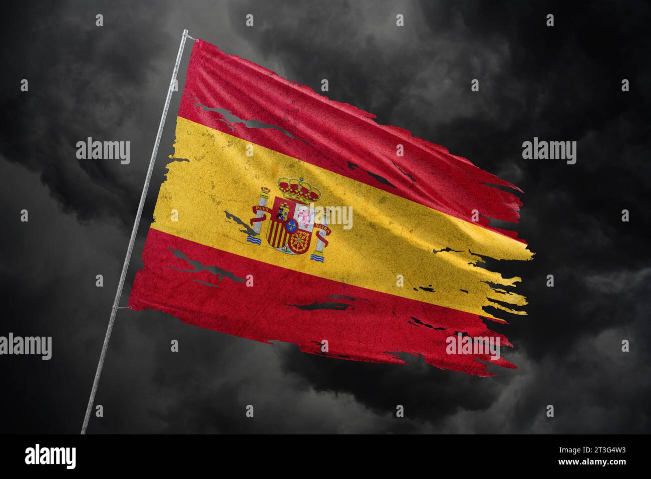 Spain torn flag on dark sky background Stock Photo - Alamy