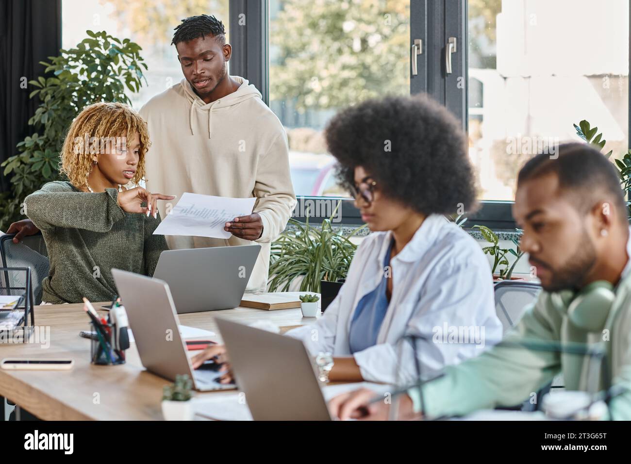 young good looking colleagues in everyday wear working with laptops and ...
