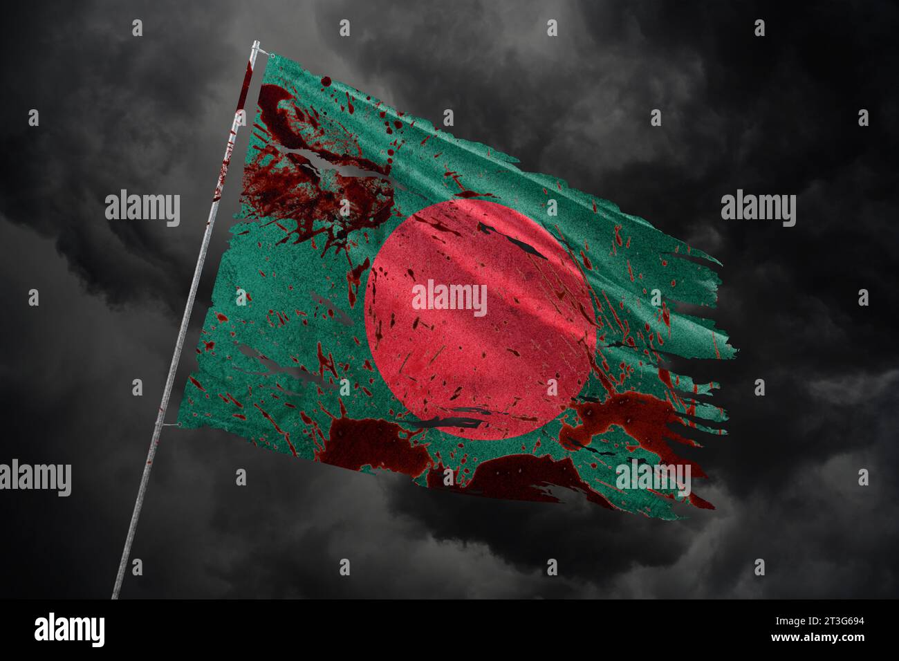 Bangladesh torn flag on dark sky background with blood stains Stock ...