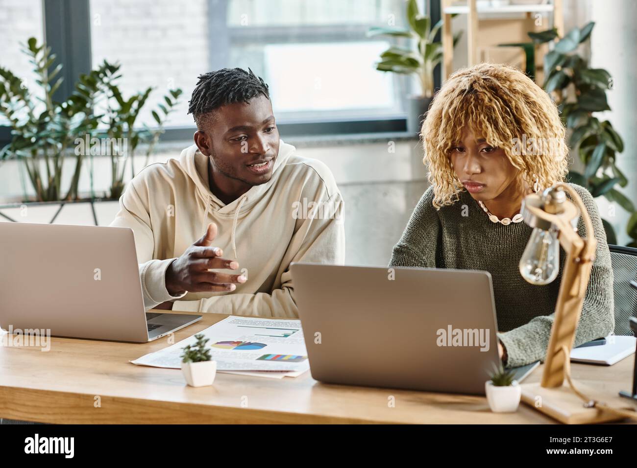 two good looking friend working on laptops and discussing their project ...