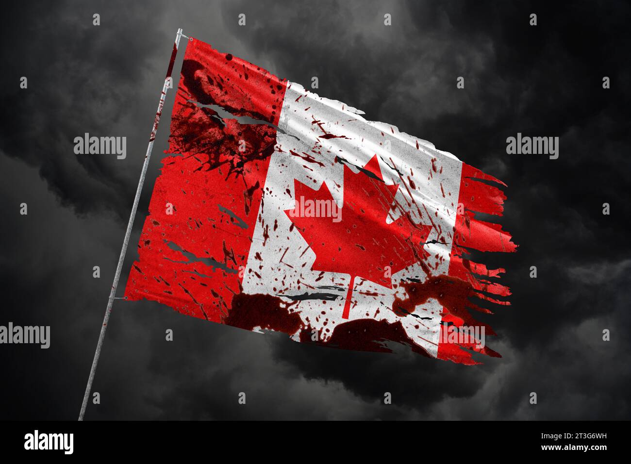 Canada torn flag on dark sky background with blood stains Stock Photo ...