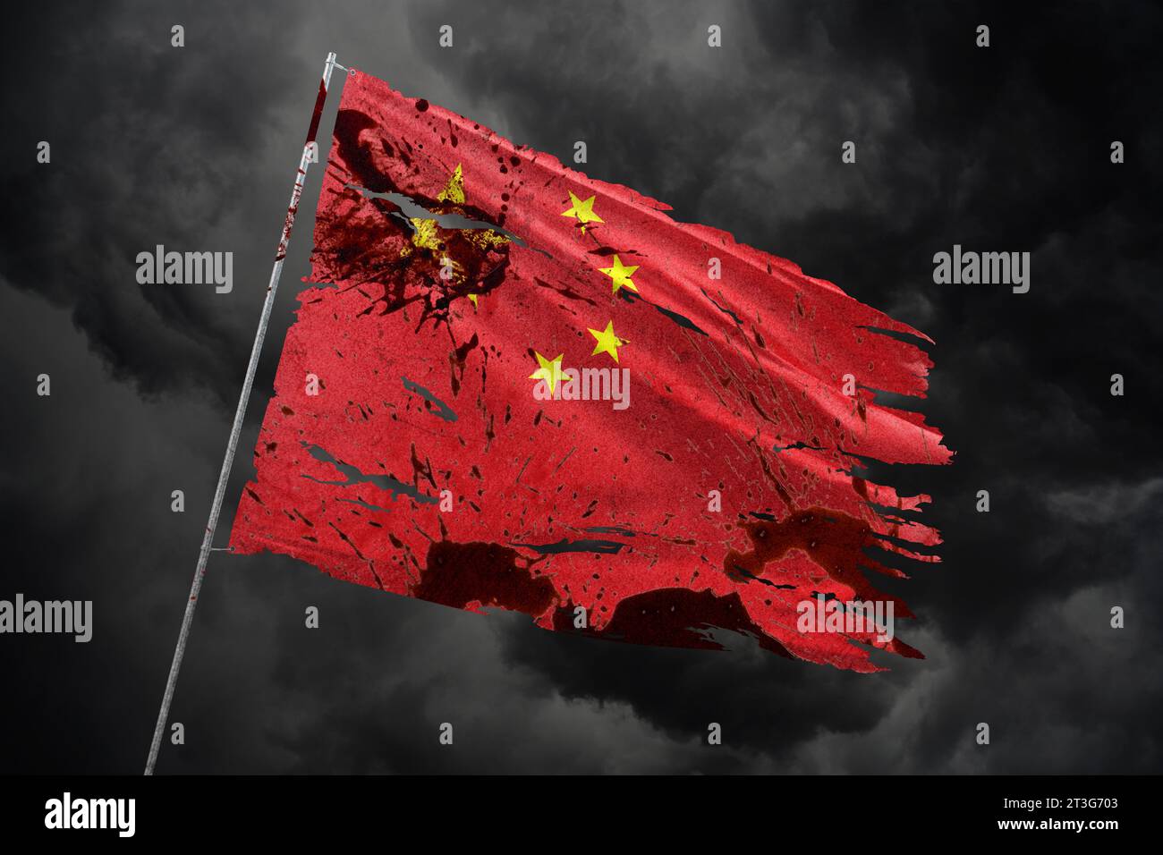 China torn flag on dark sky background with blood stains Stock Photo ...