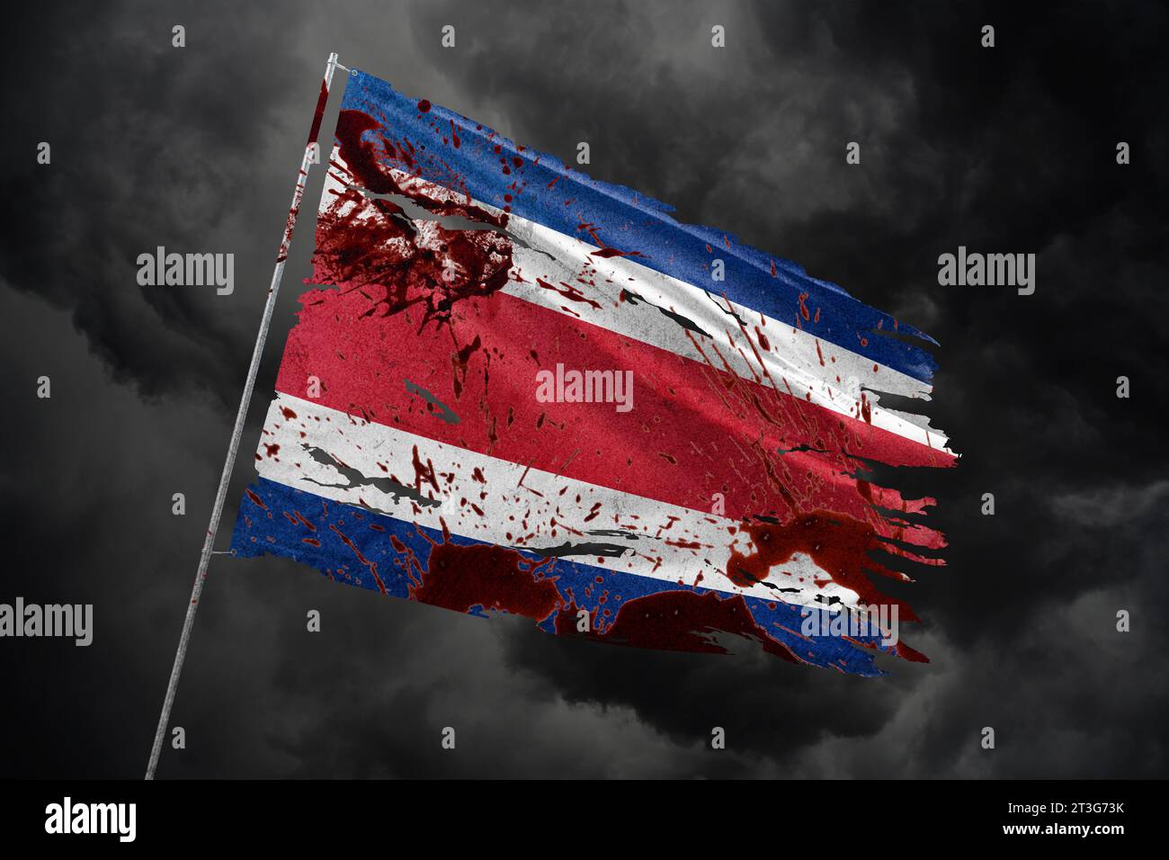 Costa Rica torn flag on dark sky background with blood stains Stock ...