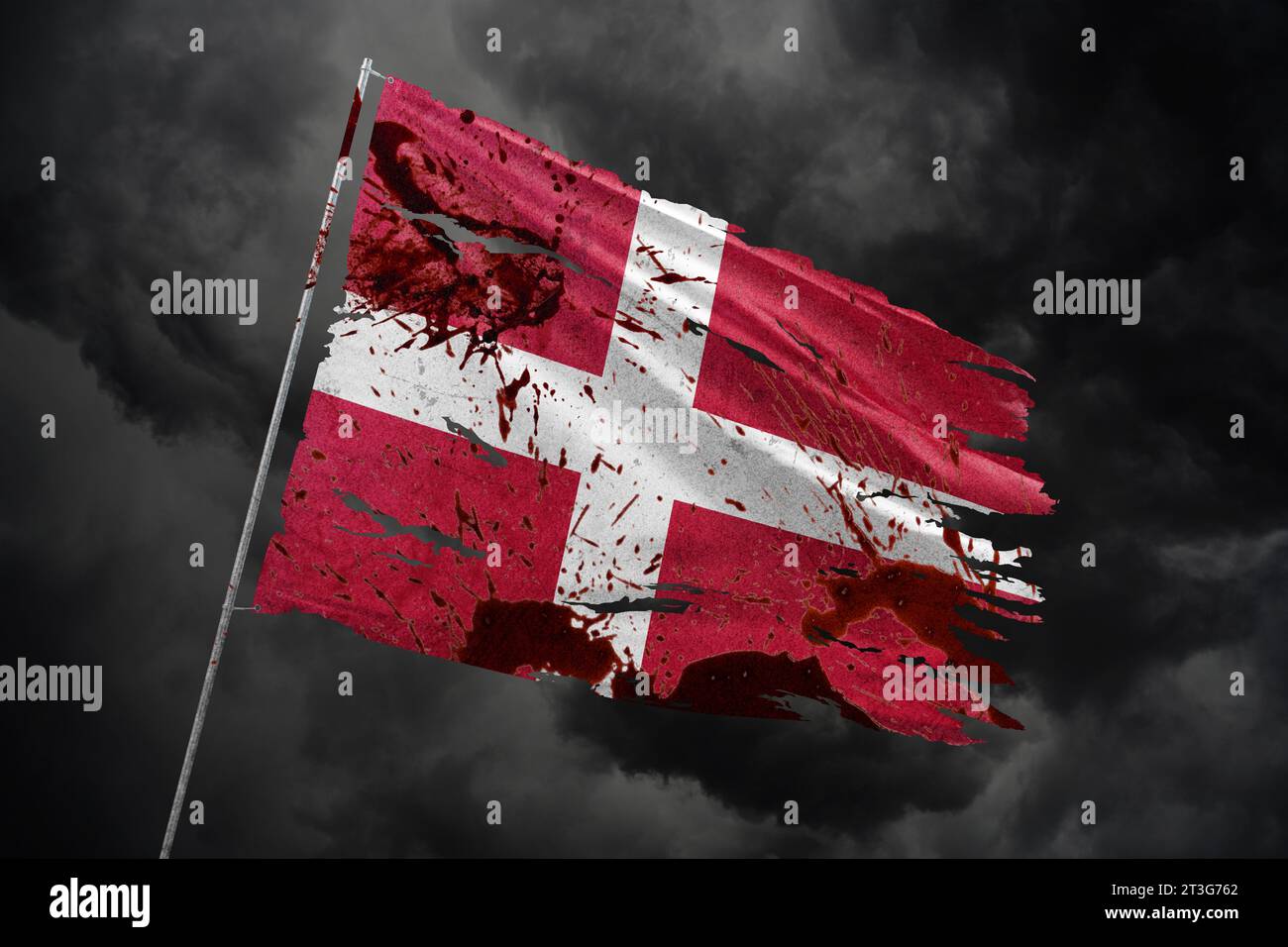 Denmark torn flag on dark sky background with blood stains Stock Photo ...