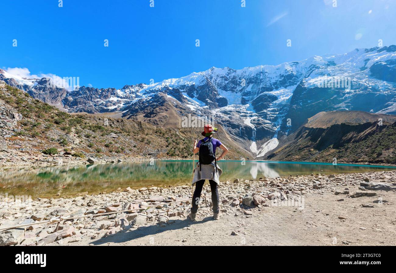Tourist standing in front of the lagoon Humantay, Cusco Peru Stock ...