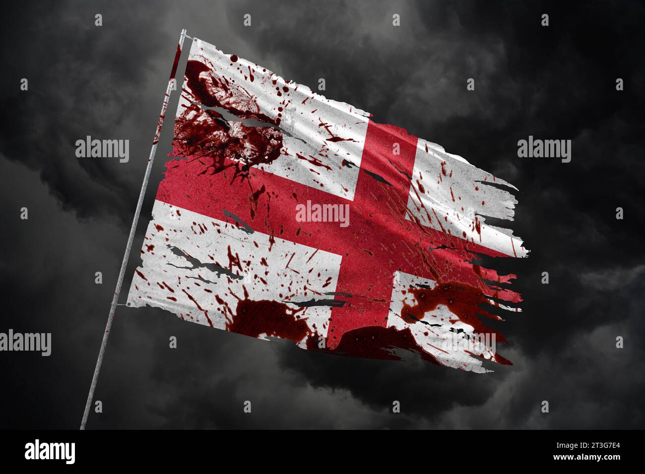 England torn flag on dark sky background with blood stains Stock Photo ...