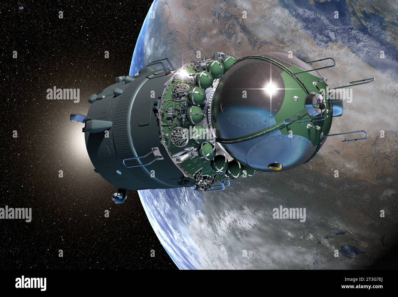 Spaceship Vostok1 with III rocket stage at the Earth orbit. 3d ...