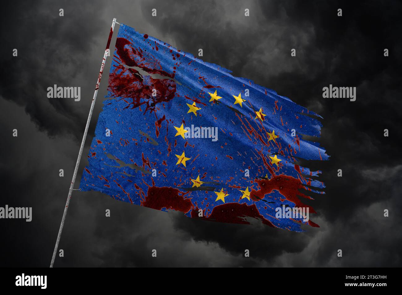European Union torn flag on dark sky background with blood stains Stock ...