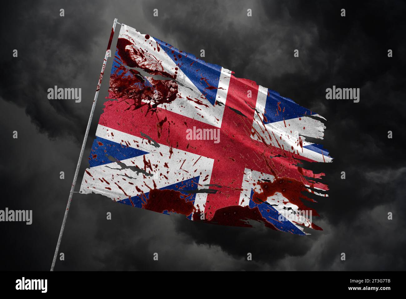 Great Britain torn flag on dark sky background with blood stains Stock ...