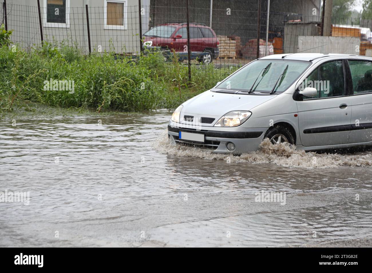 Car Driving Through Flooded Road Natural Disaster Flash Floods Stock ...